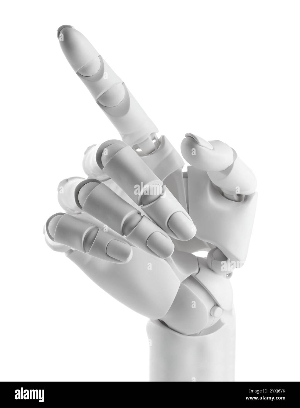 Artificial intelligence. Robot hand pointing at something on white ...