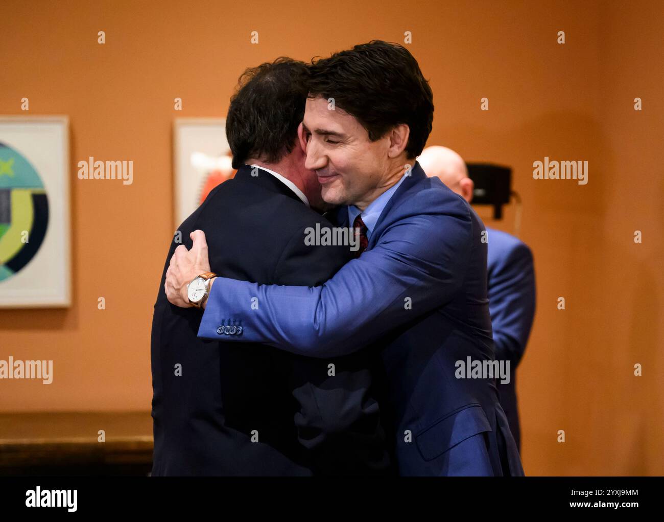 Ottawa, Can. 16th Dec, 2024. Prime Minister Justin Trudeau embraces ...