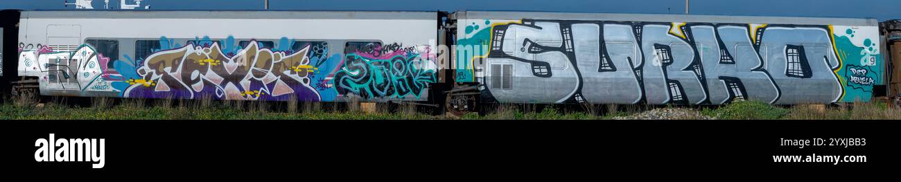 High resolution panoramic view of 2 trains, train carriages Stock Photo ...