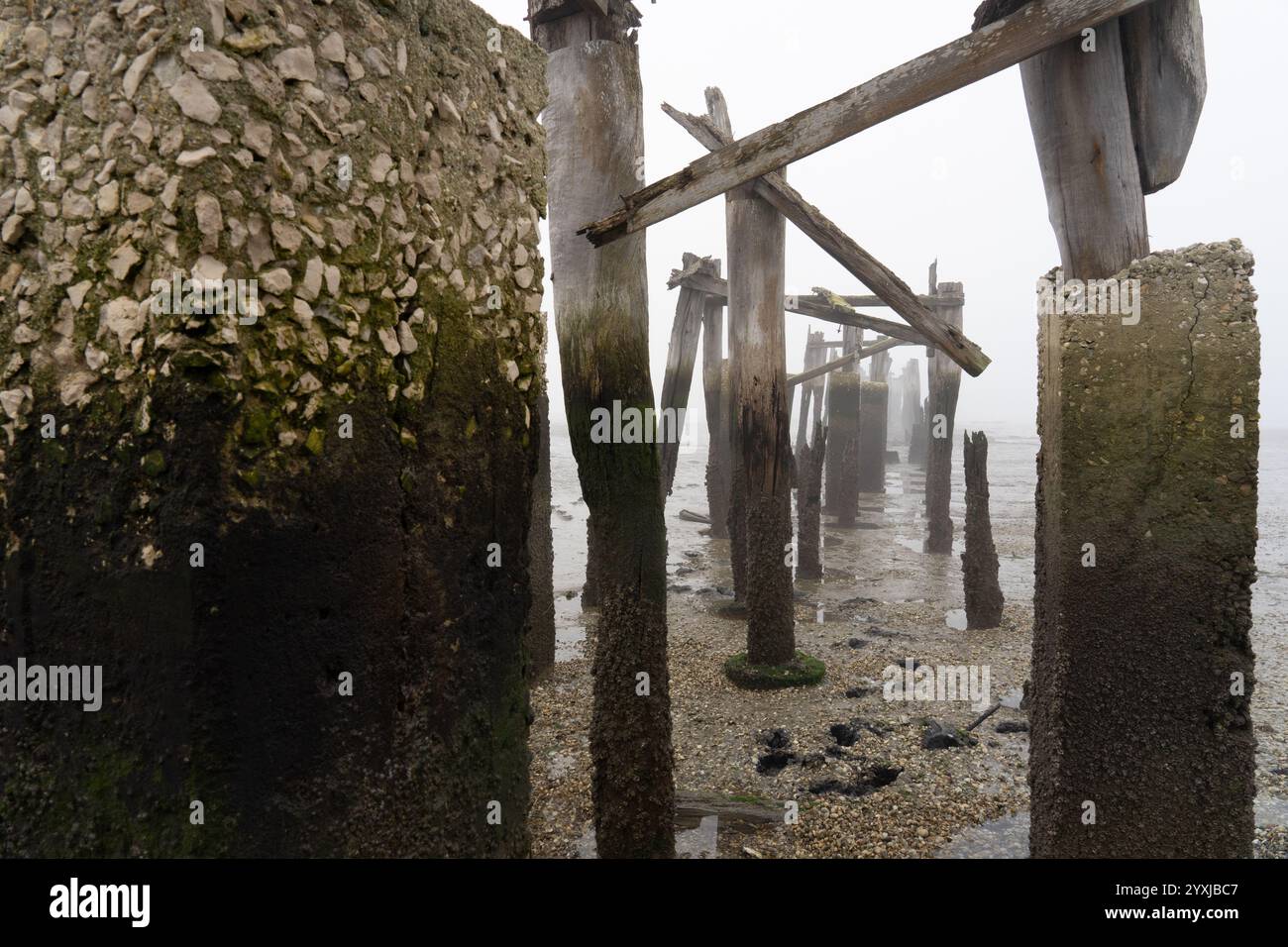 View of remains of wooden bridge destroyed only with stakes in the ...