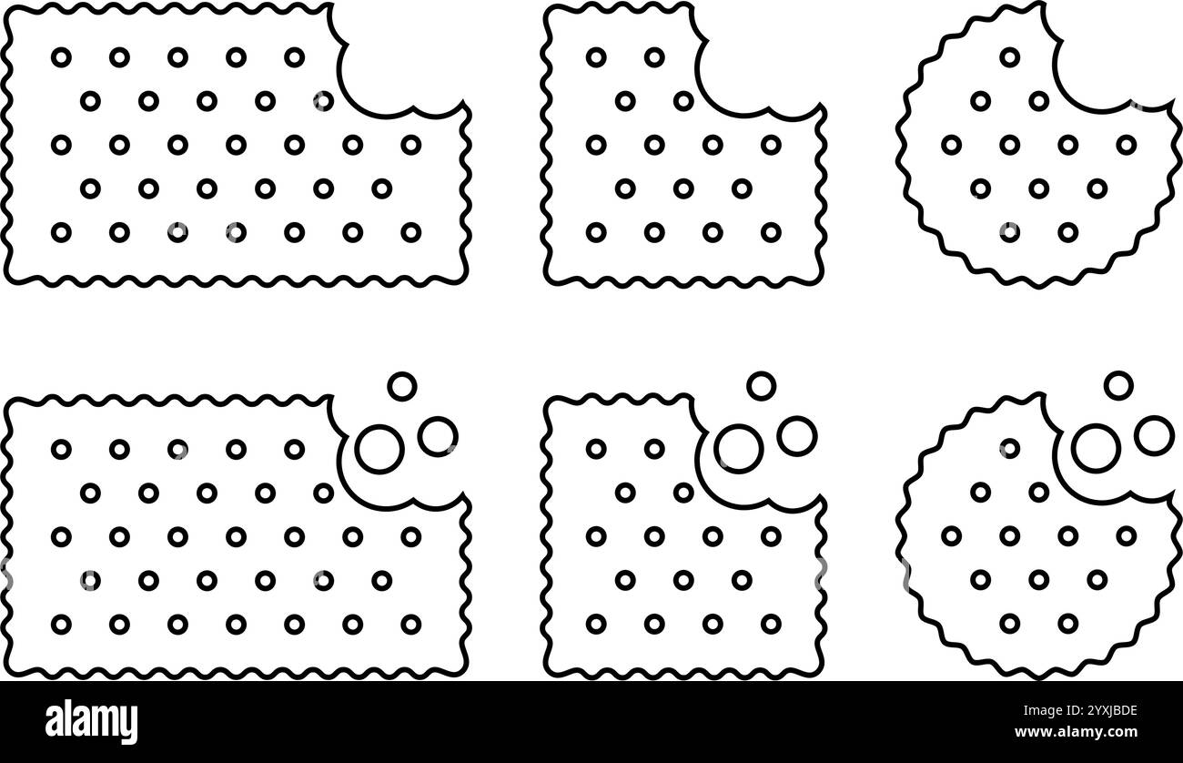 Set of bitten crackers with crumbs icons. Sweet or salty biscuit ...