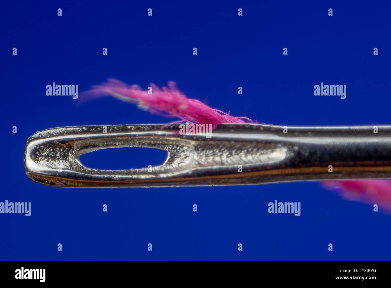 Needle eye and pink sewing thread on blue background Stock Photo - Alamy