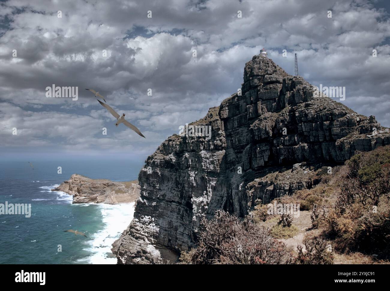 Coast of South Africa. Two headlands are visible. On the left is Cape ...