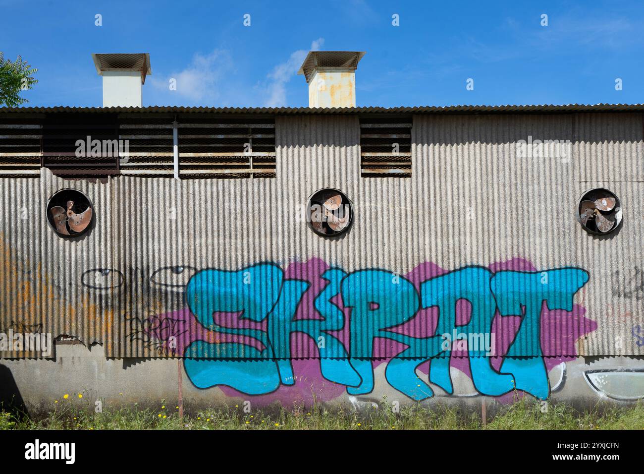 Sheet metal shed facade with 3 ventilation fans Stock Photo - Alamy