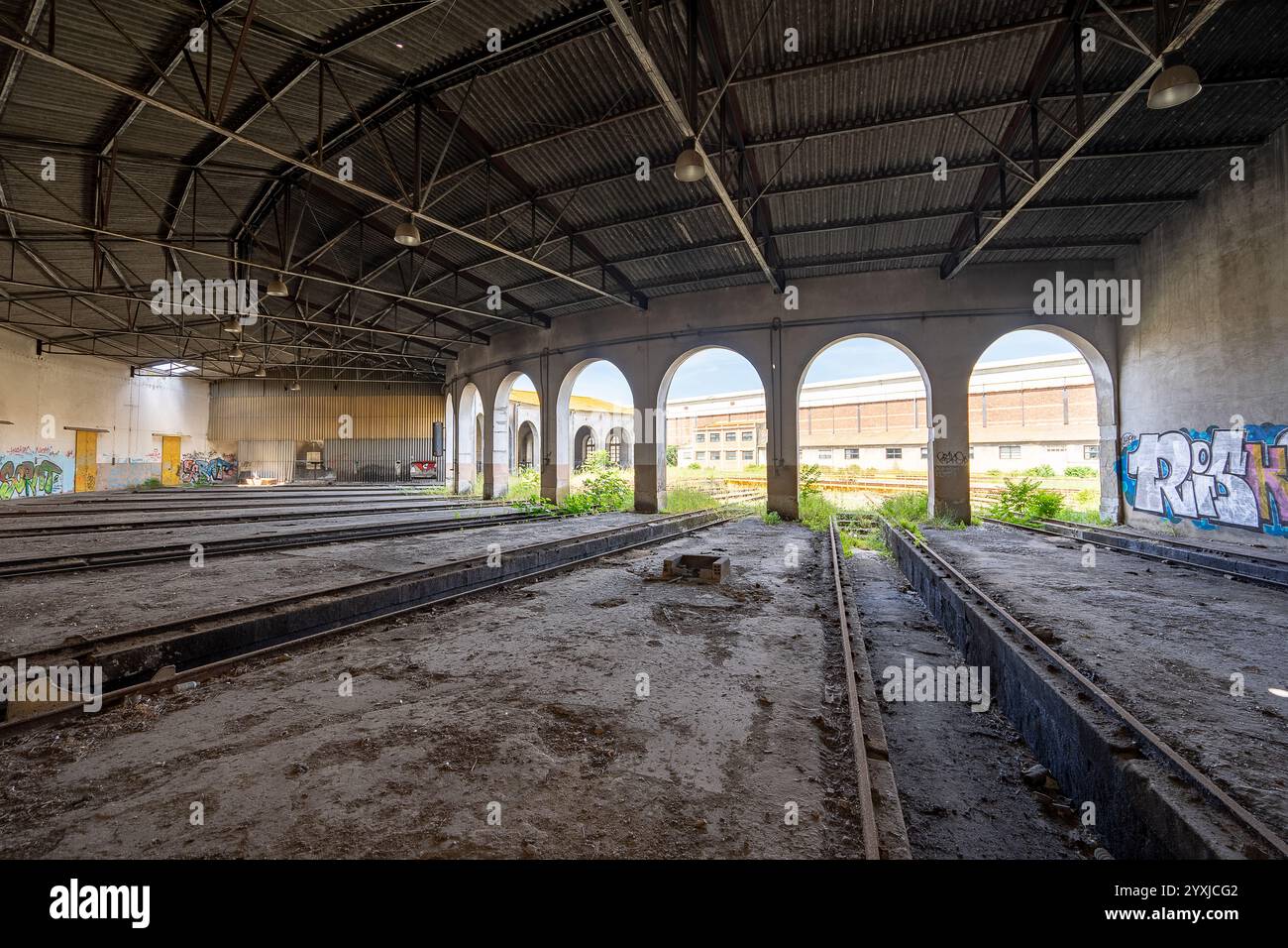 Interior of a circular train workshop building in the city of Barreiro ...