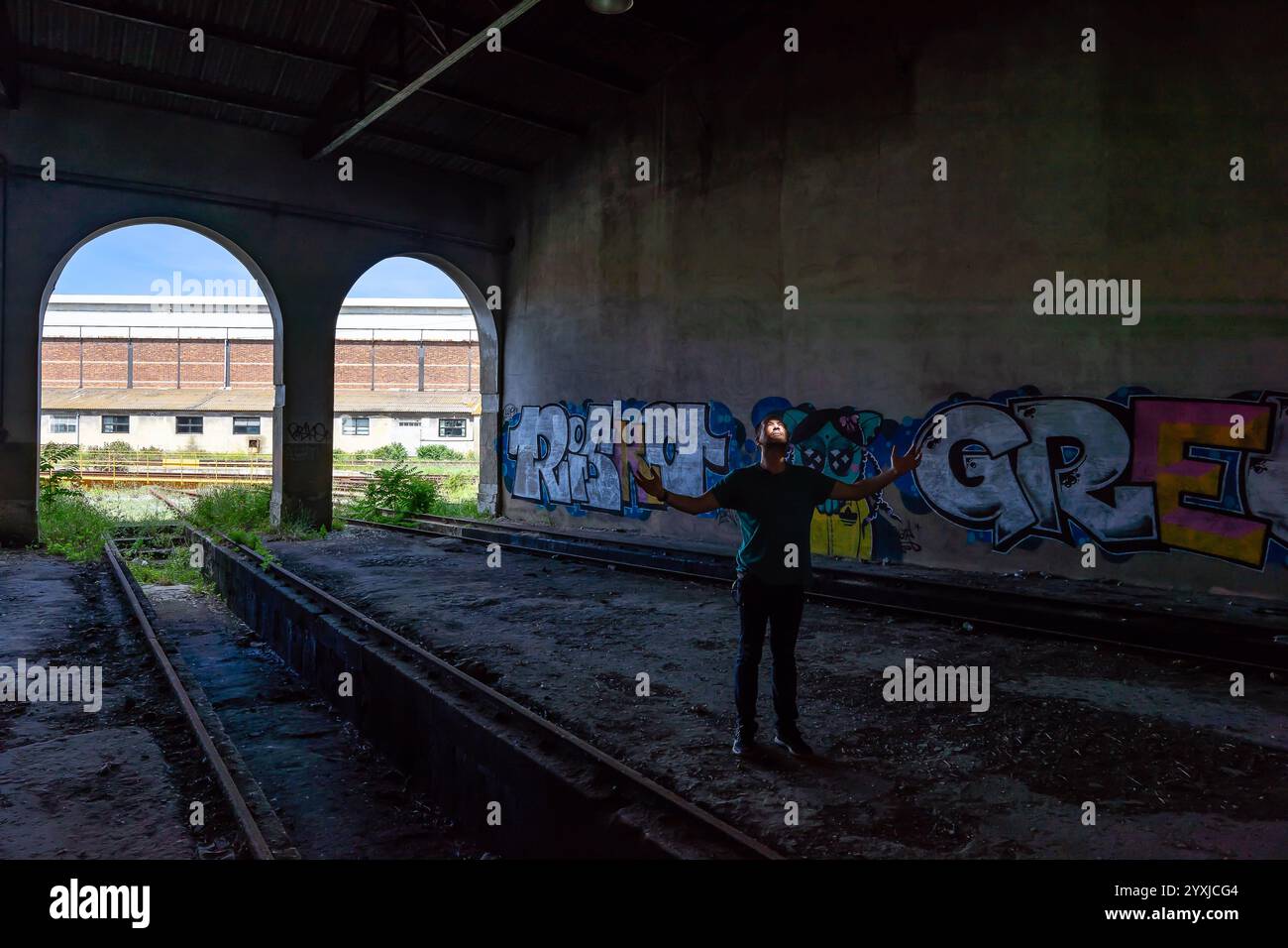 Interior of a circular train workshop building in the city of Barreiro ...