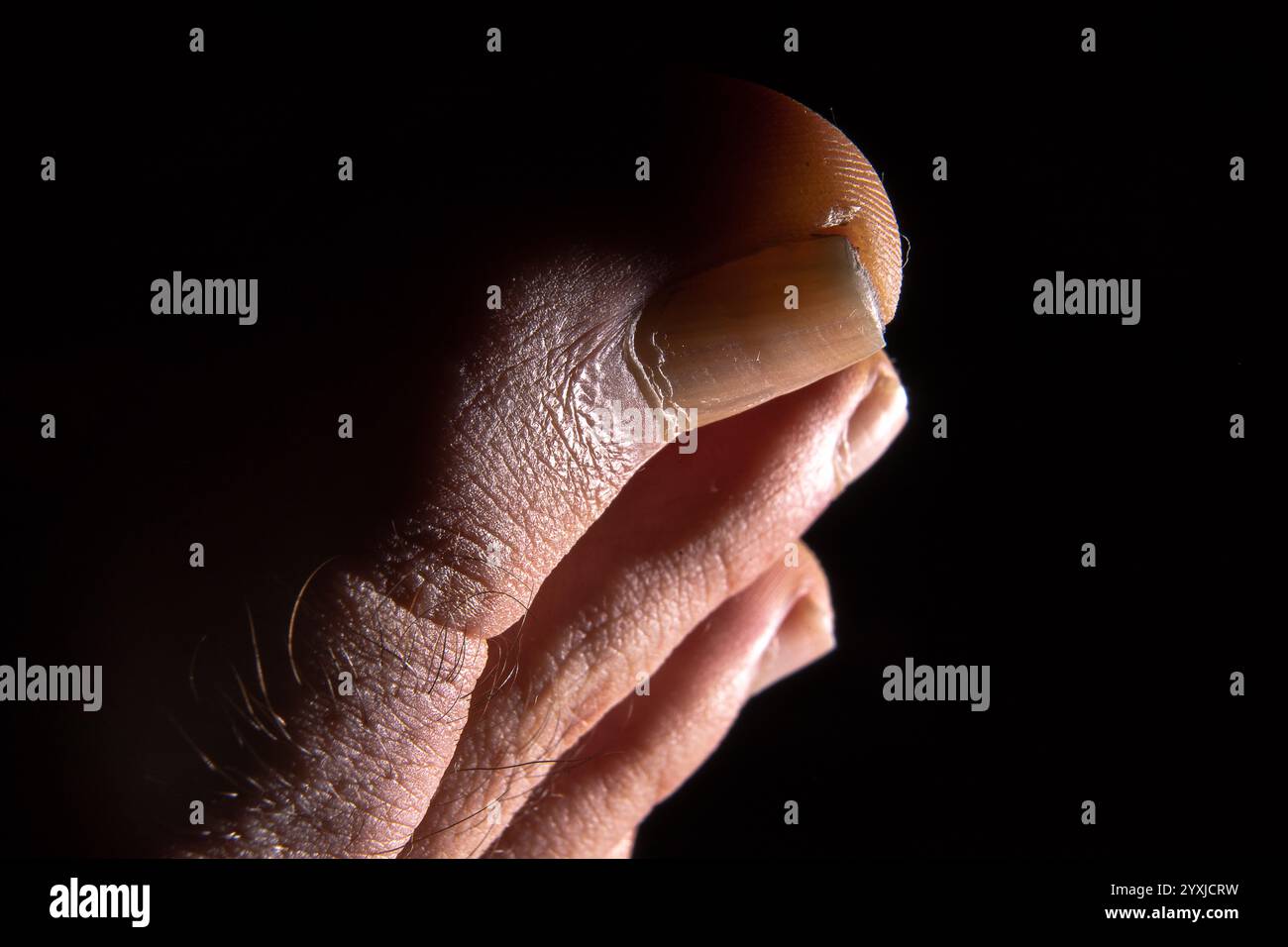 Three human toes with illumination on the right side under black ...