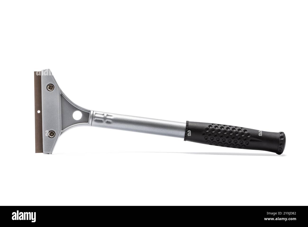 Metal wall paint scraper with black plastic handle isolated on white ...