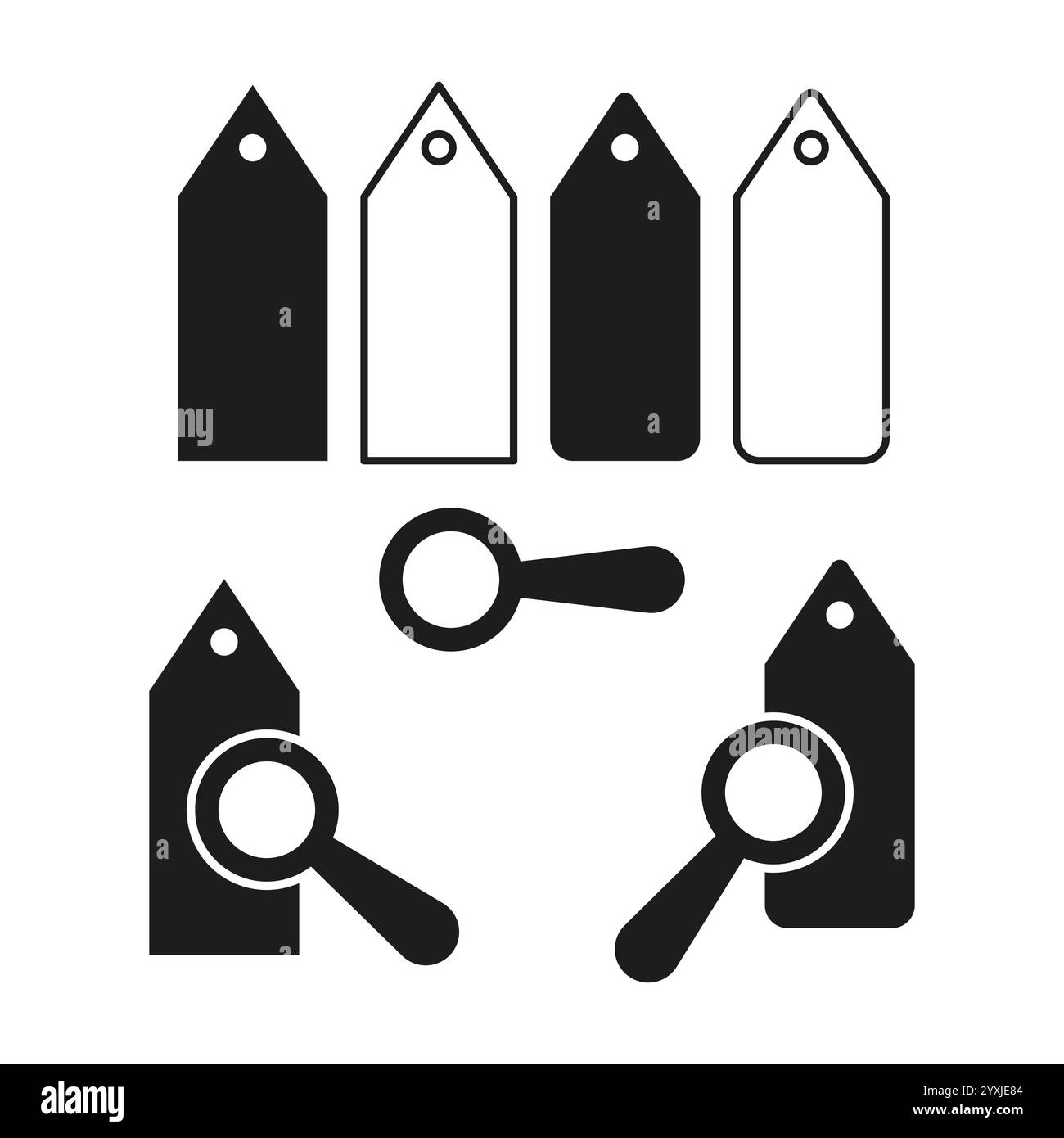 Price tag icons. Magnifying glass symbols. Vector black shapes. Simple ...