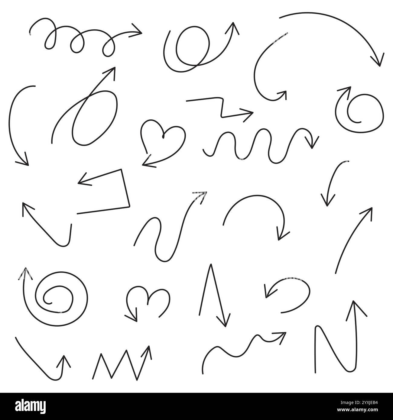 Arrow set icon. Hand drawn paths focus. Curved and straight lines ...