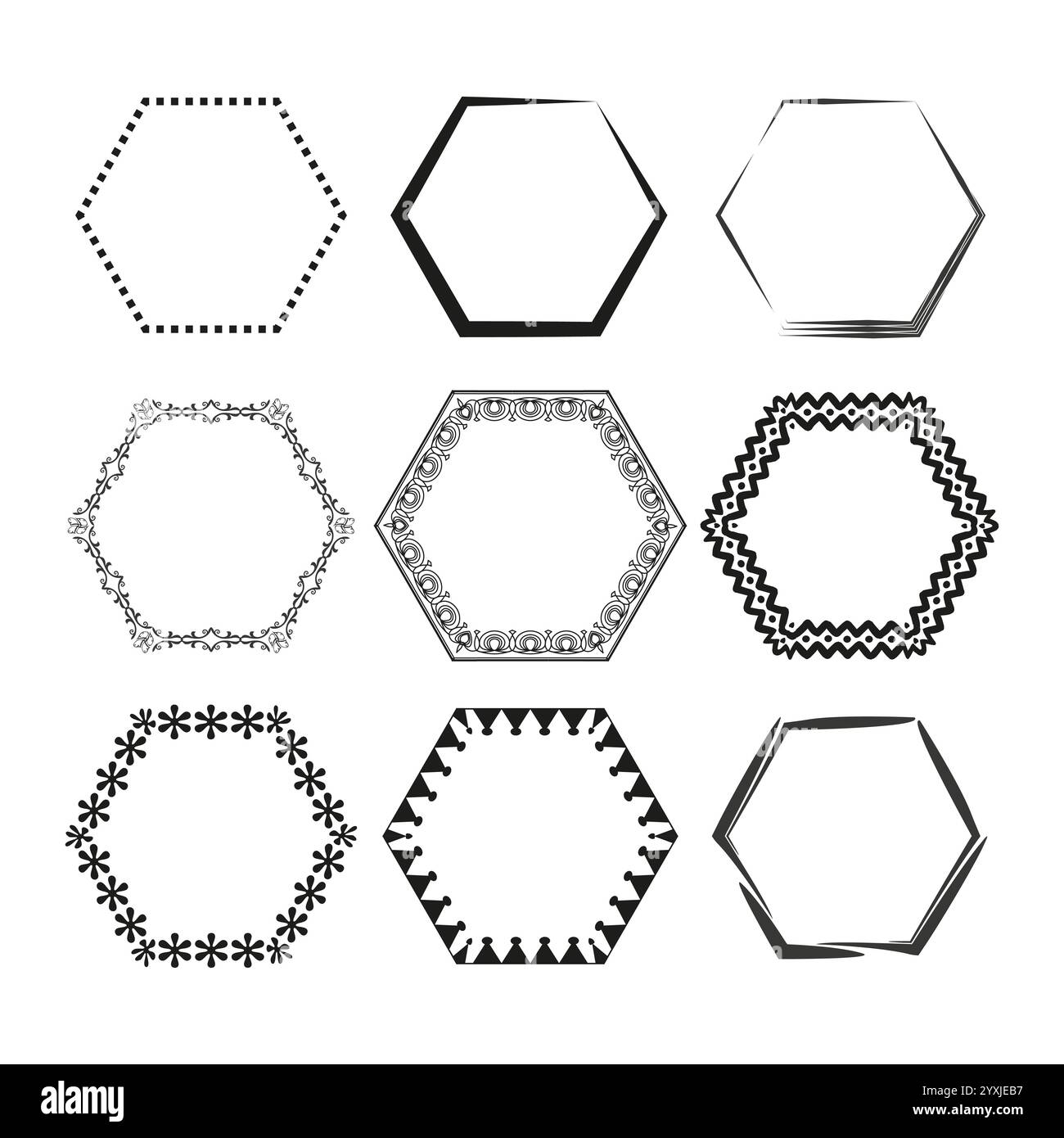 Hexagon frame set. Ornamental border styles. Geometric outline shapes ...