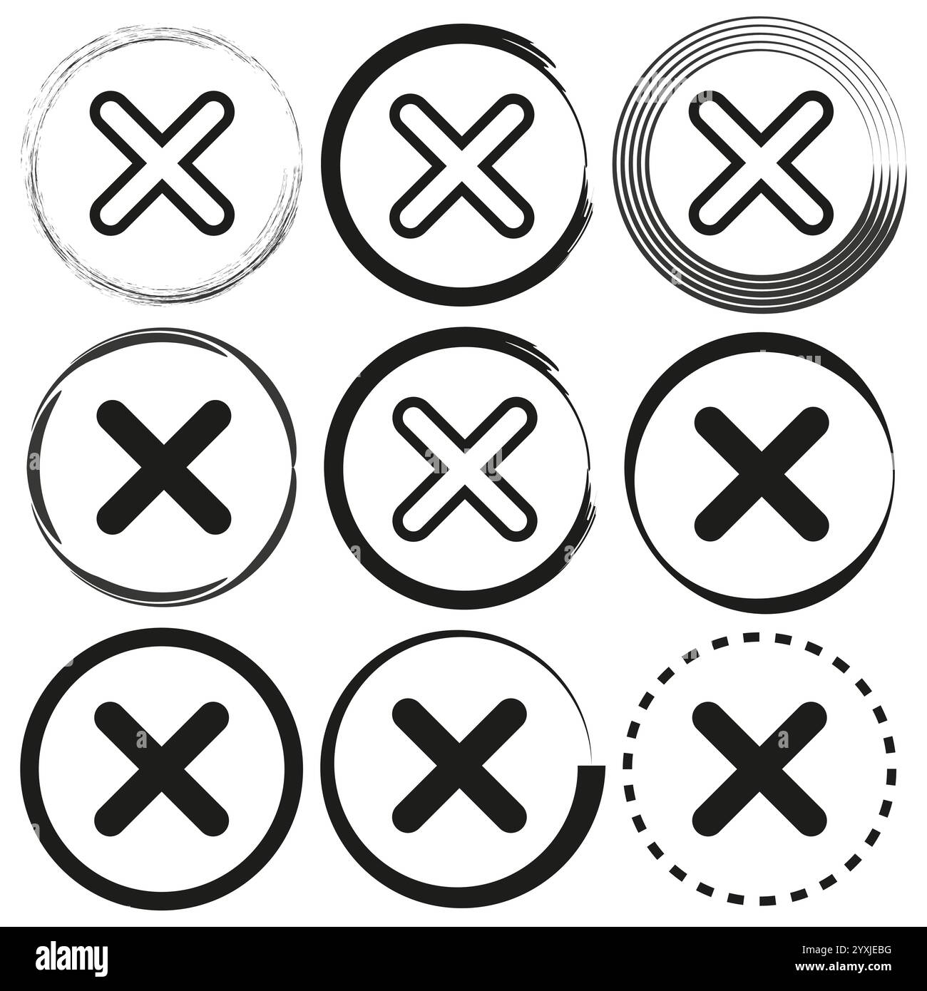 Cross icon set. Black circular symbols. Grunge vector shapes ...
