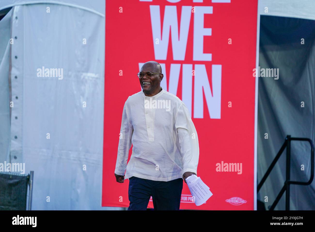 Samuel L. Jackson appears onstage during a Kamala Harris campaign rally ...