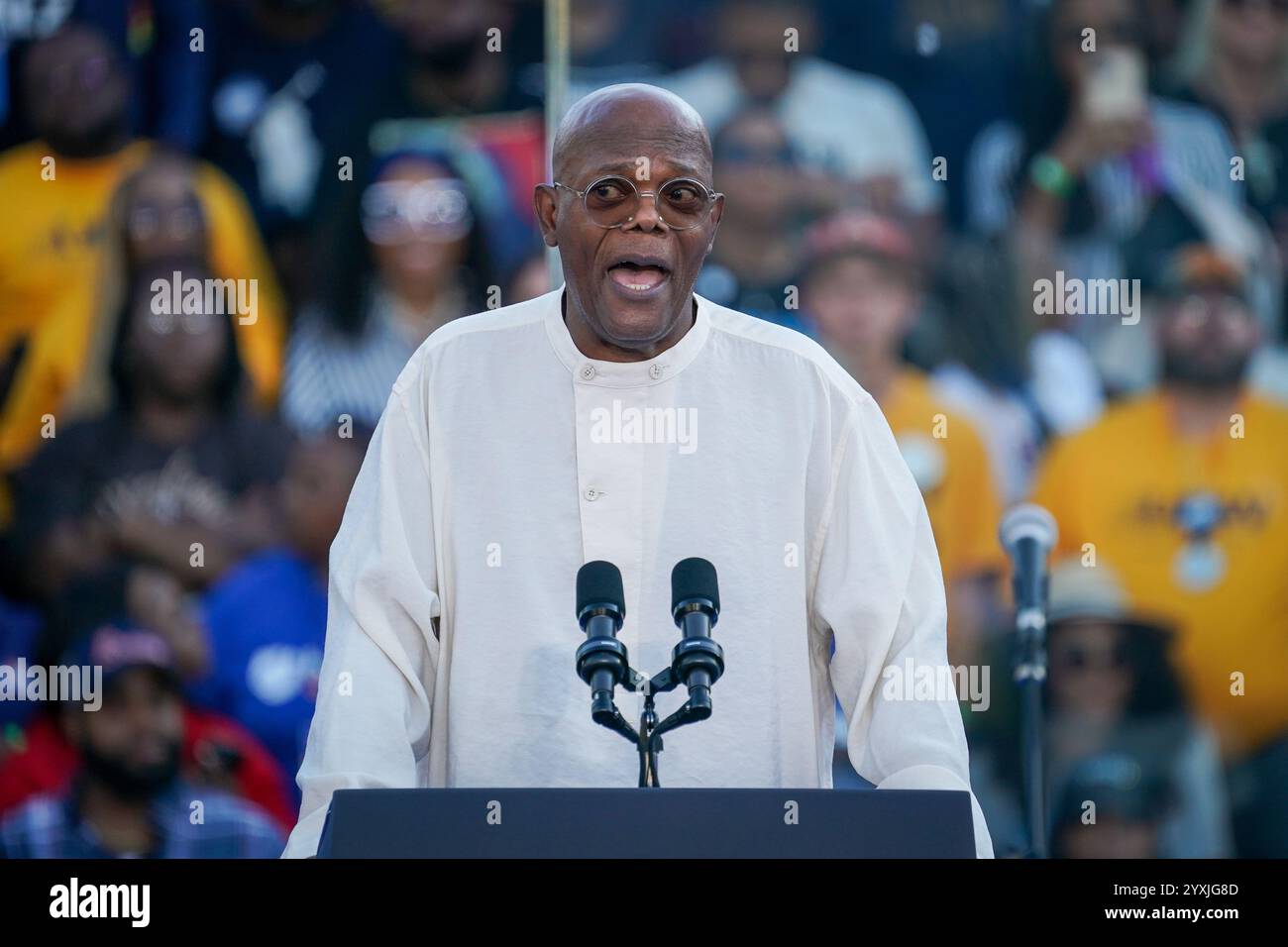 Samuel L. Jackson speaks onstage during a Kamala Harris campaign rally ...