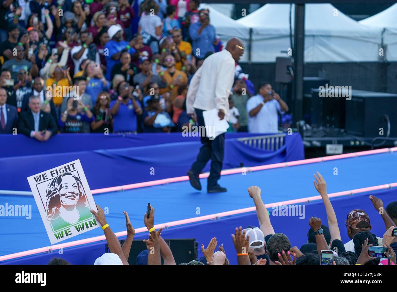 Samuel L. Jackson appears onstage during a Kamala Harris campaign rally ...