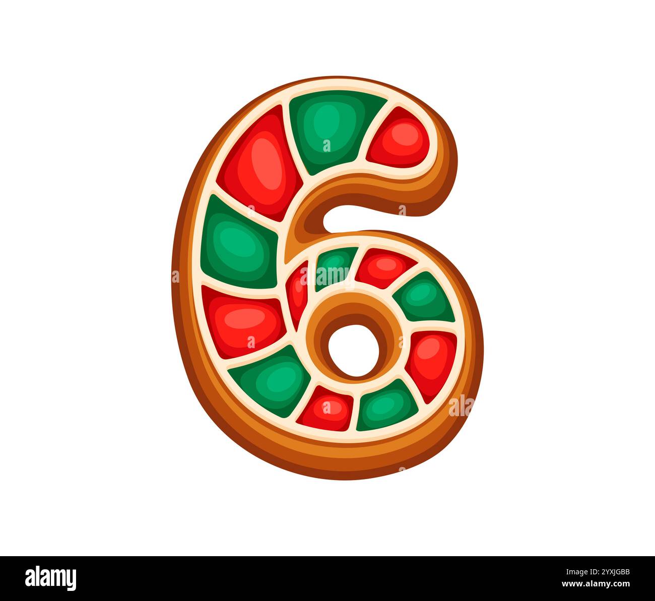 Christmas gingerbread number six decorated with red and green icing ...