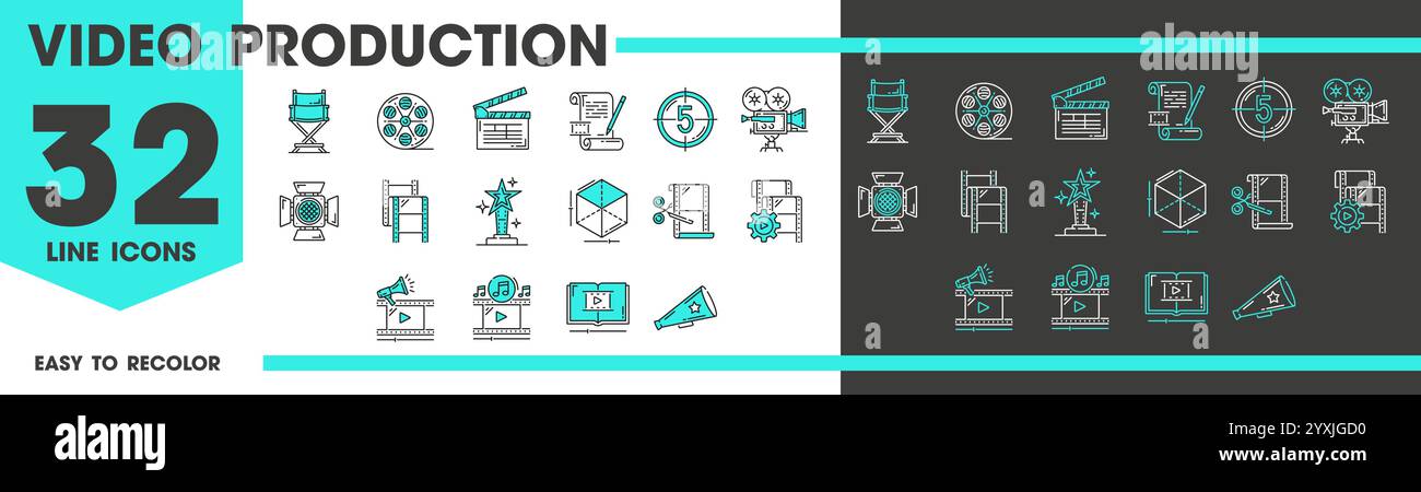 Movie and video production line icons of cinema entertainment media ...