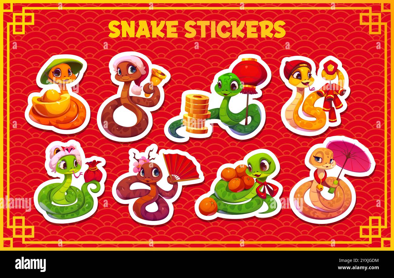Cartoon 2025 snake characters stickers pack for Chinese Lunar New Year ...