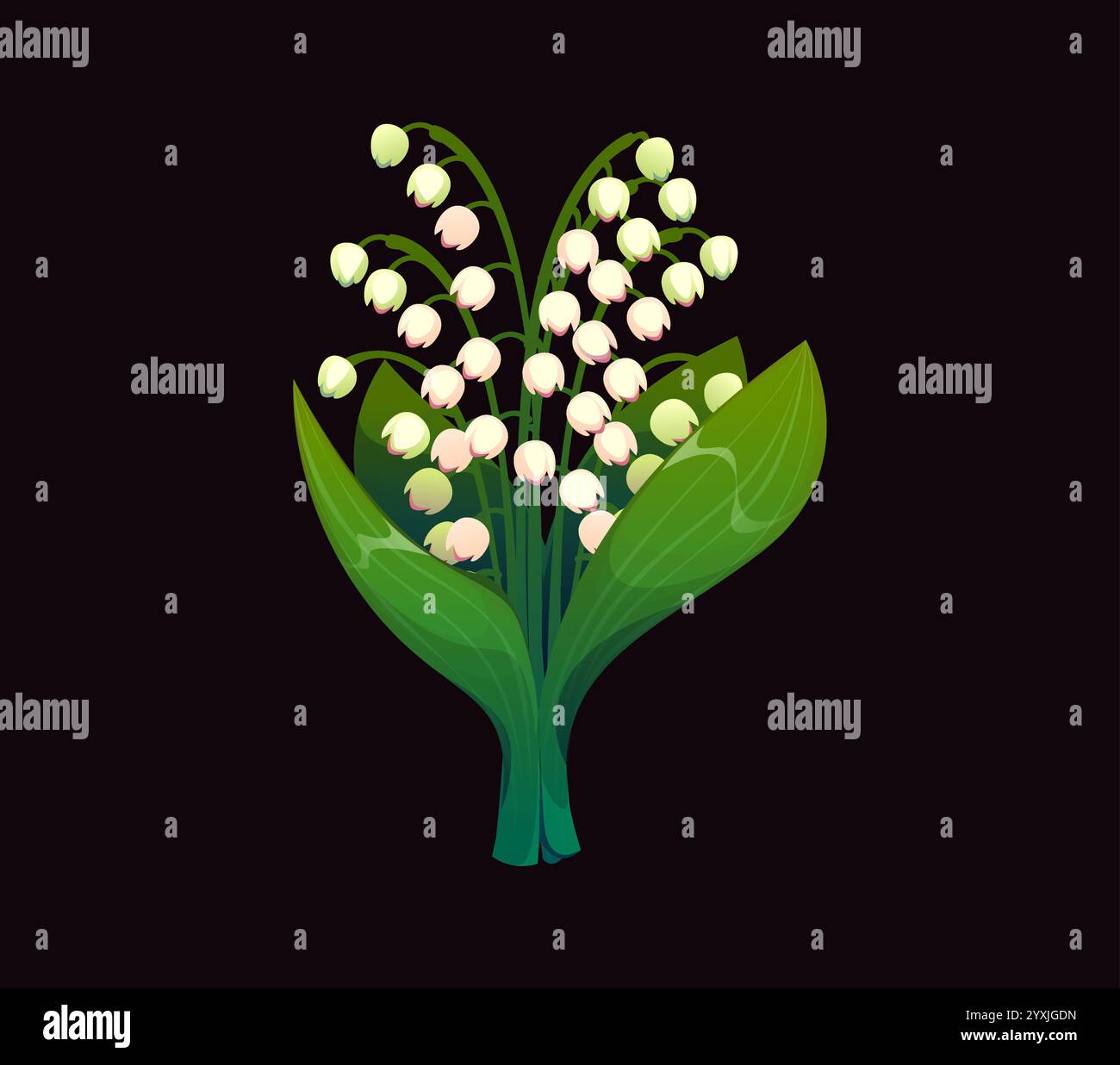 Cartoon Lily of the valley flowers with green leaves. Vector Delicate ...