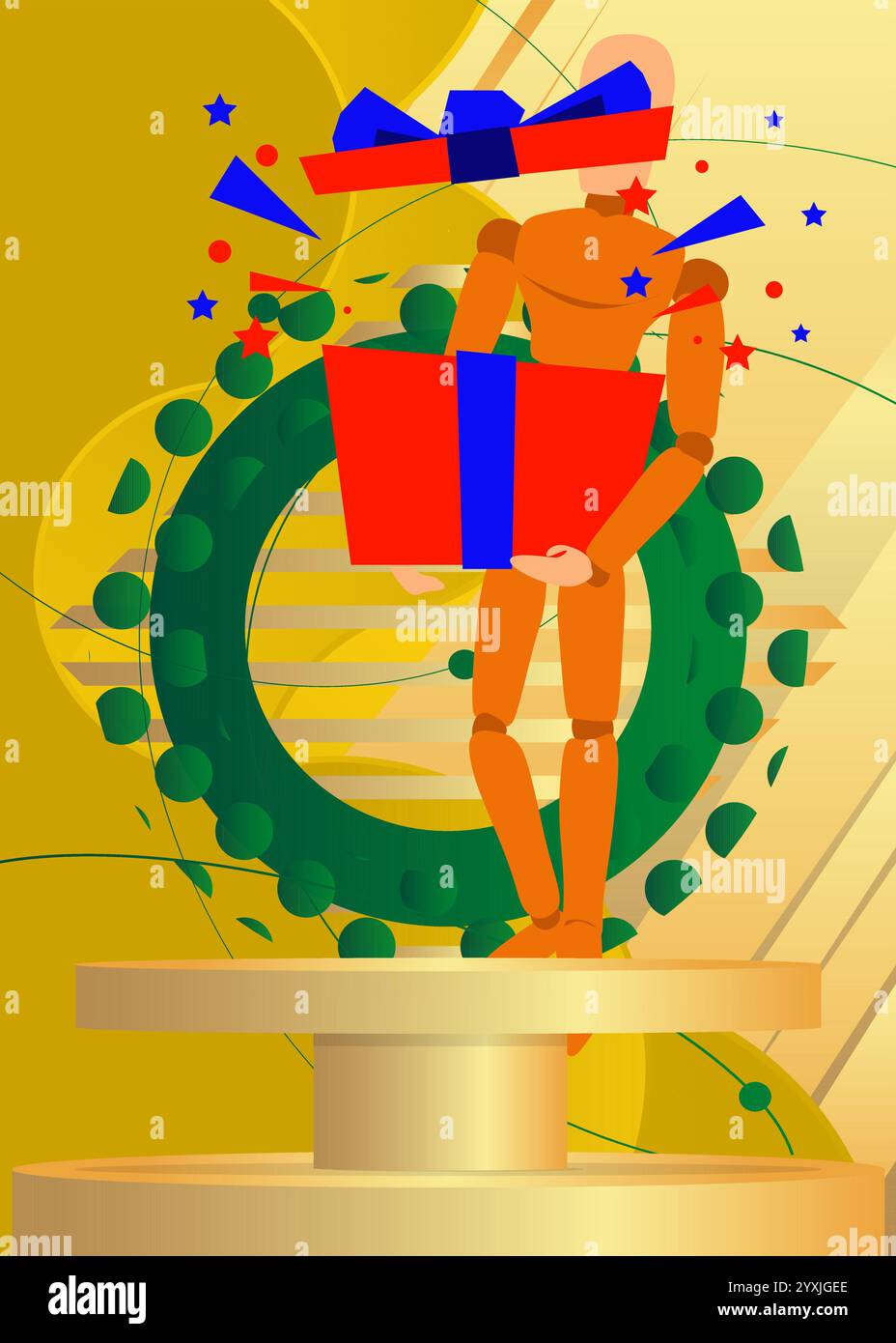 Mockup product display with wooden puppet holding gift box. Vector ...