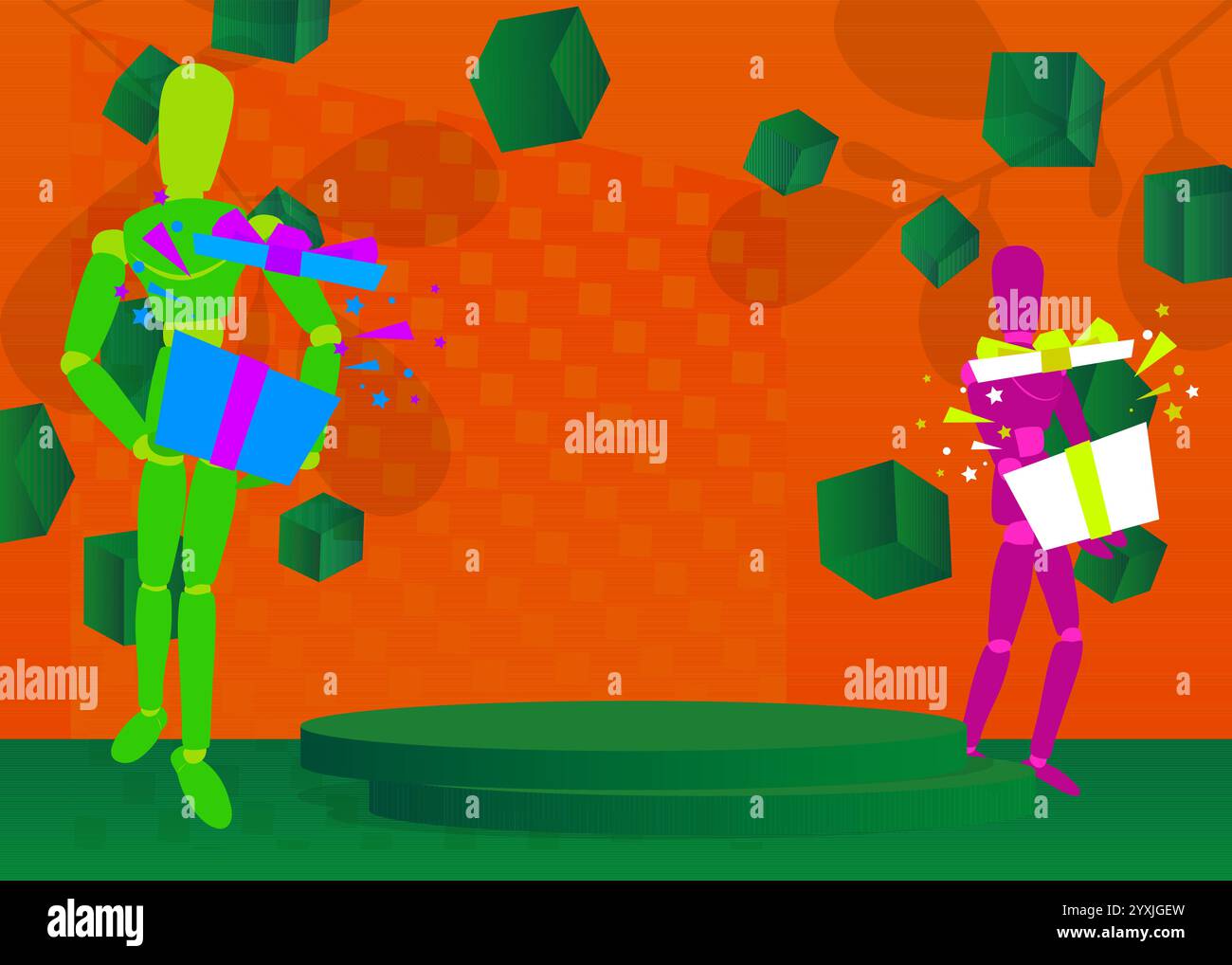 Mockup product display with wooden puppet holding gift box. Vector ...