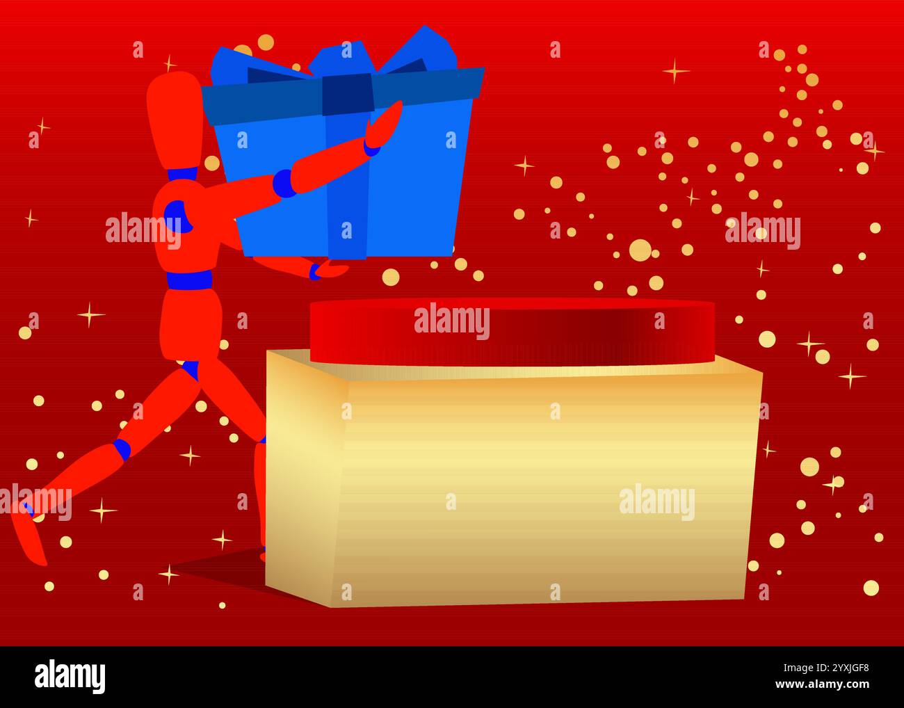 Mockup product display with wooden puppet holding gift box. Vector ...