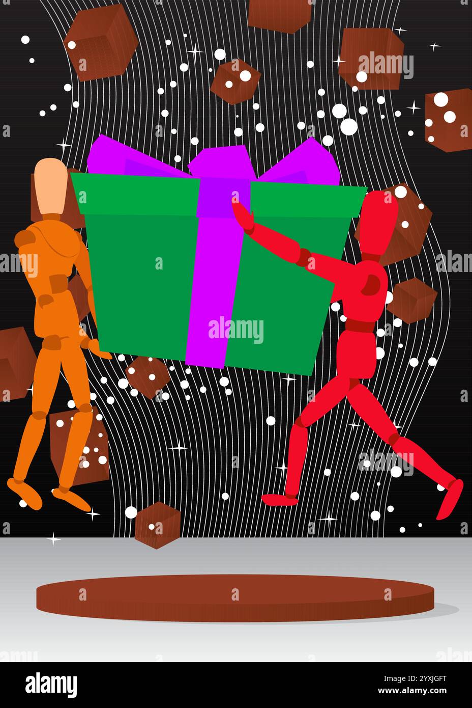 Mockup product display with wooden puppet holding gift box. Vector ...