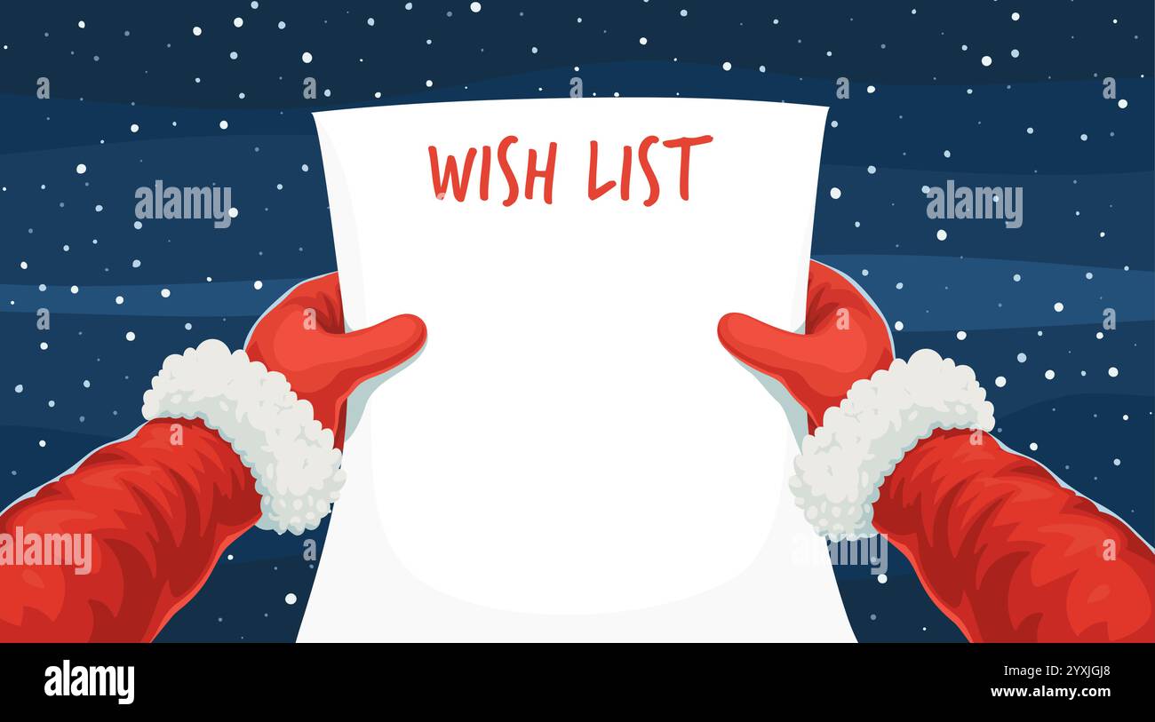 Cartoon Christmas wishlist in Santa Claus hands. Winter xmas holiday ...
