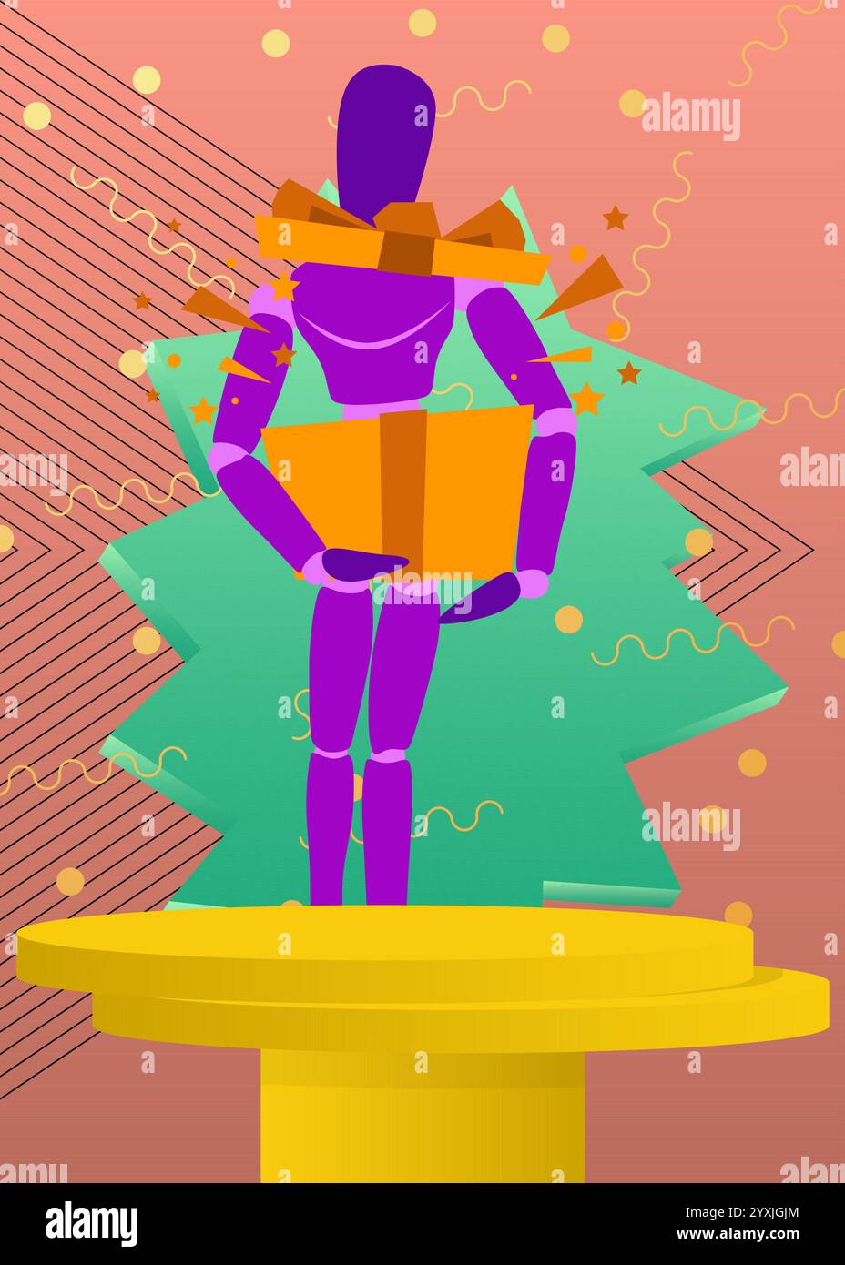 Mockup product display with wooden puppet holding gift box. Vector ...