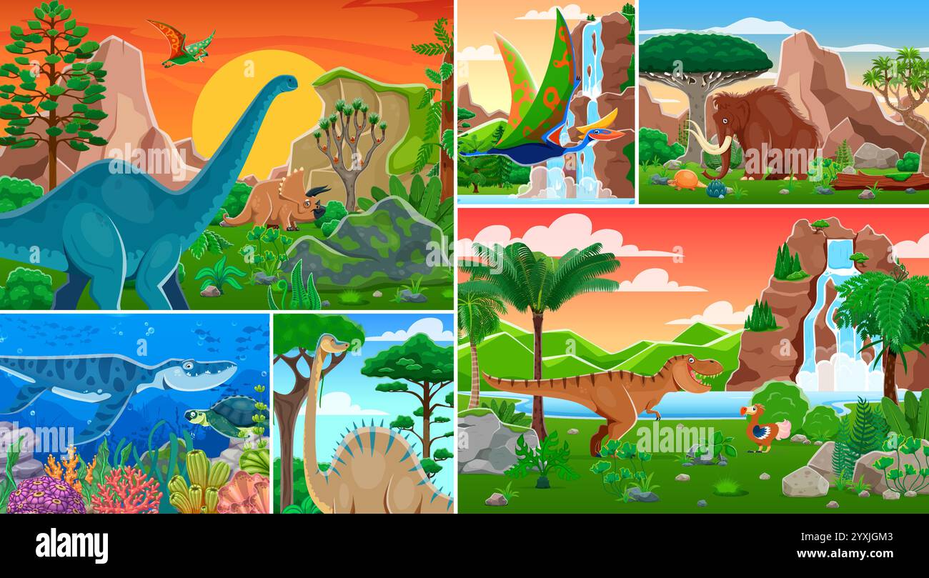 Prehistoric dinosaur characters collage with Jurassic lizards and dino ...