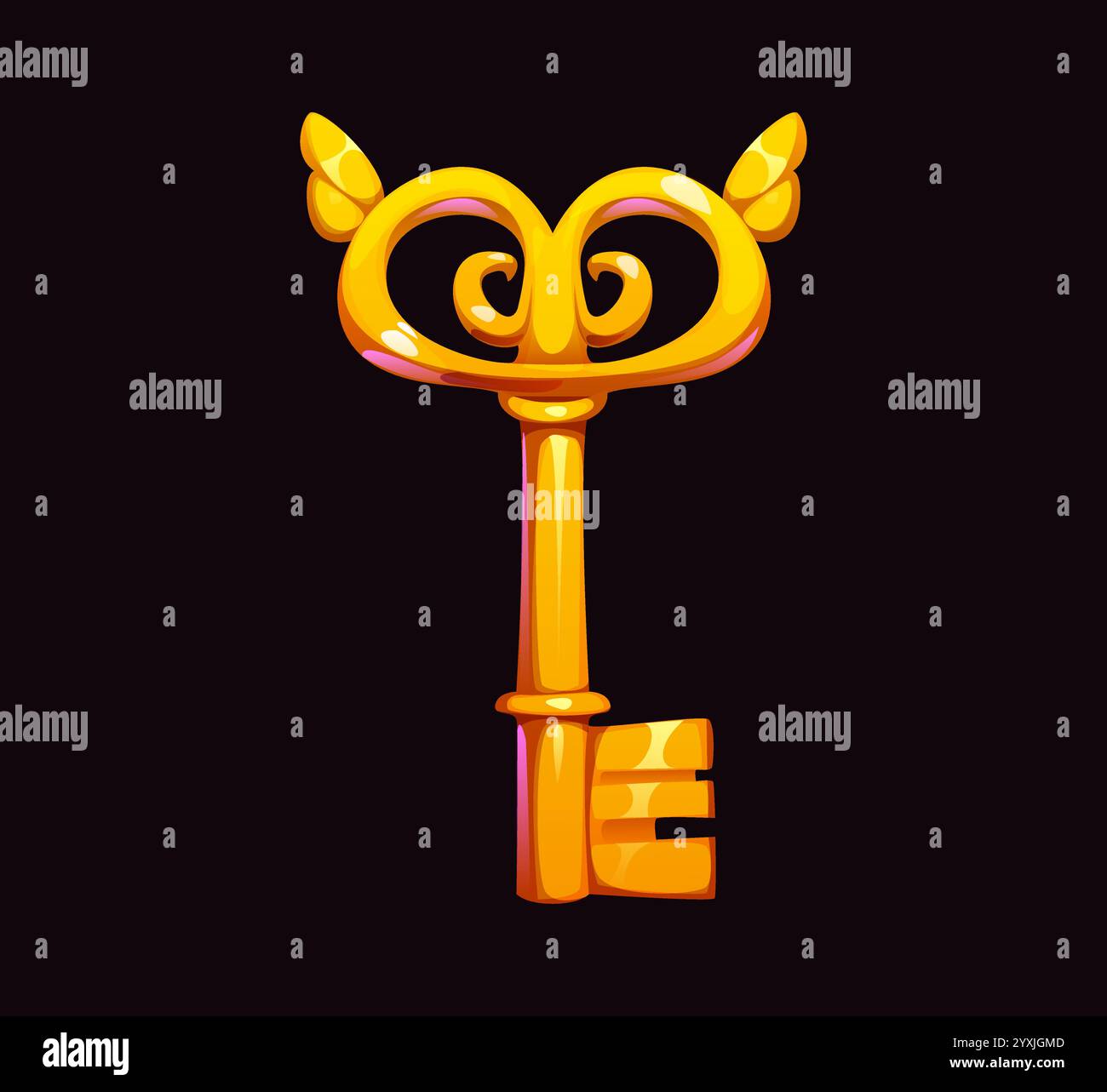 Cartoon golden key with heart shaped handle, symbol of love and romance ...