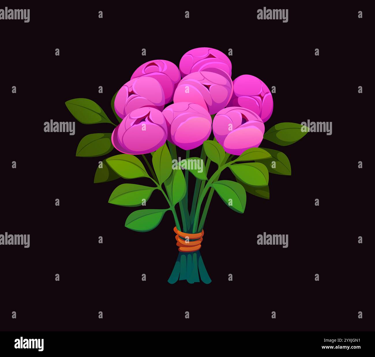 Cartoon bouquet of pink roses or peony flowers arranged with green ...
