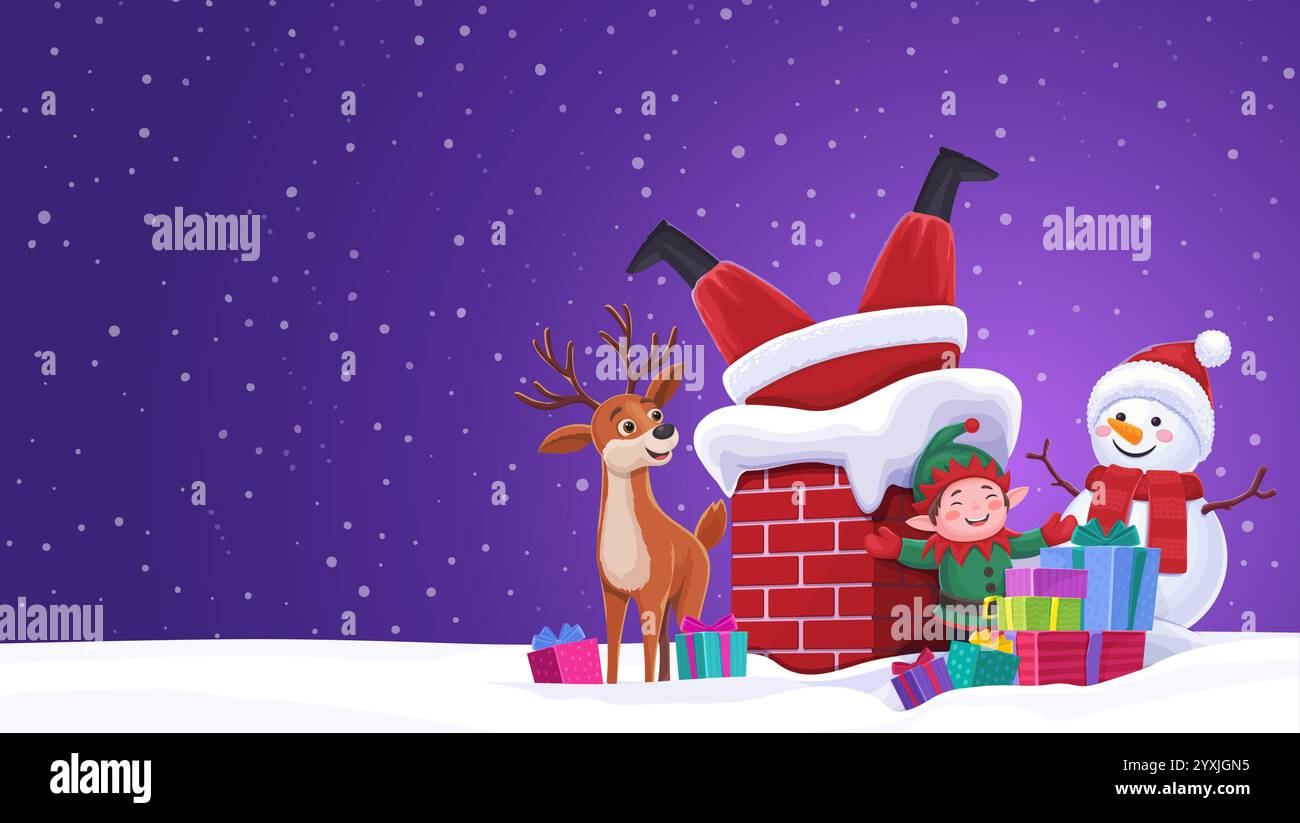 Christmas characters and Santa Claus stuck in a house chimney ...