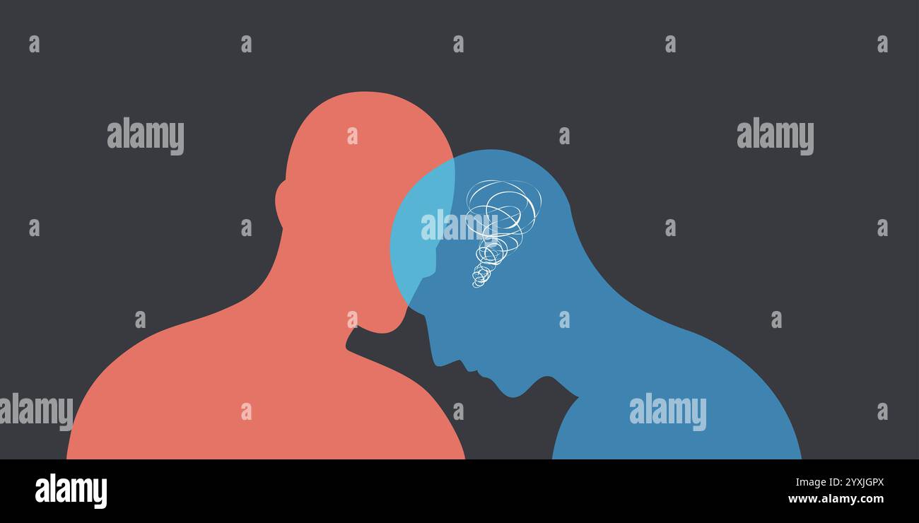 mental health care concept, 2 head silhouette of person lean on ...