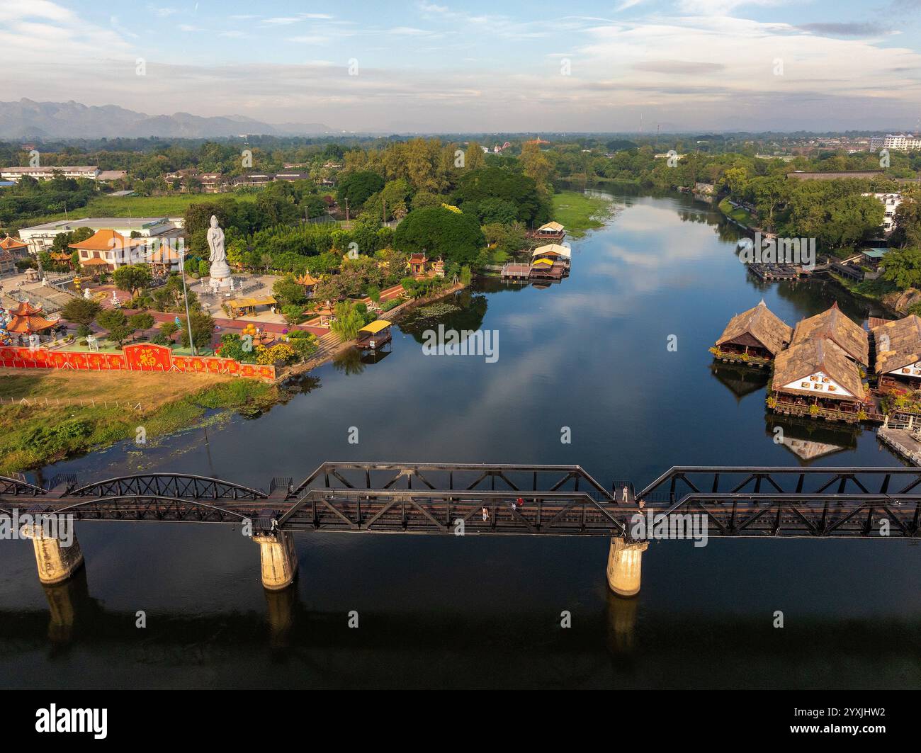 Aerial view of the bridge on the historical Kwai River in Kanchanaburi ...