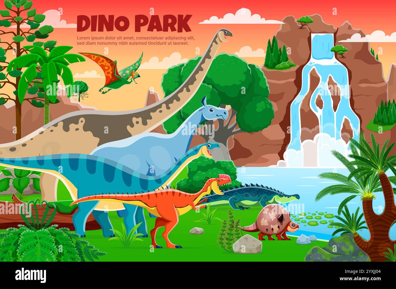 Dino park banner with prehistoric dinosaurs and reptiles near waterfall ...