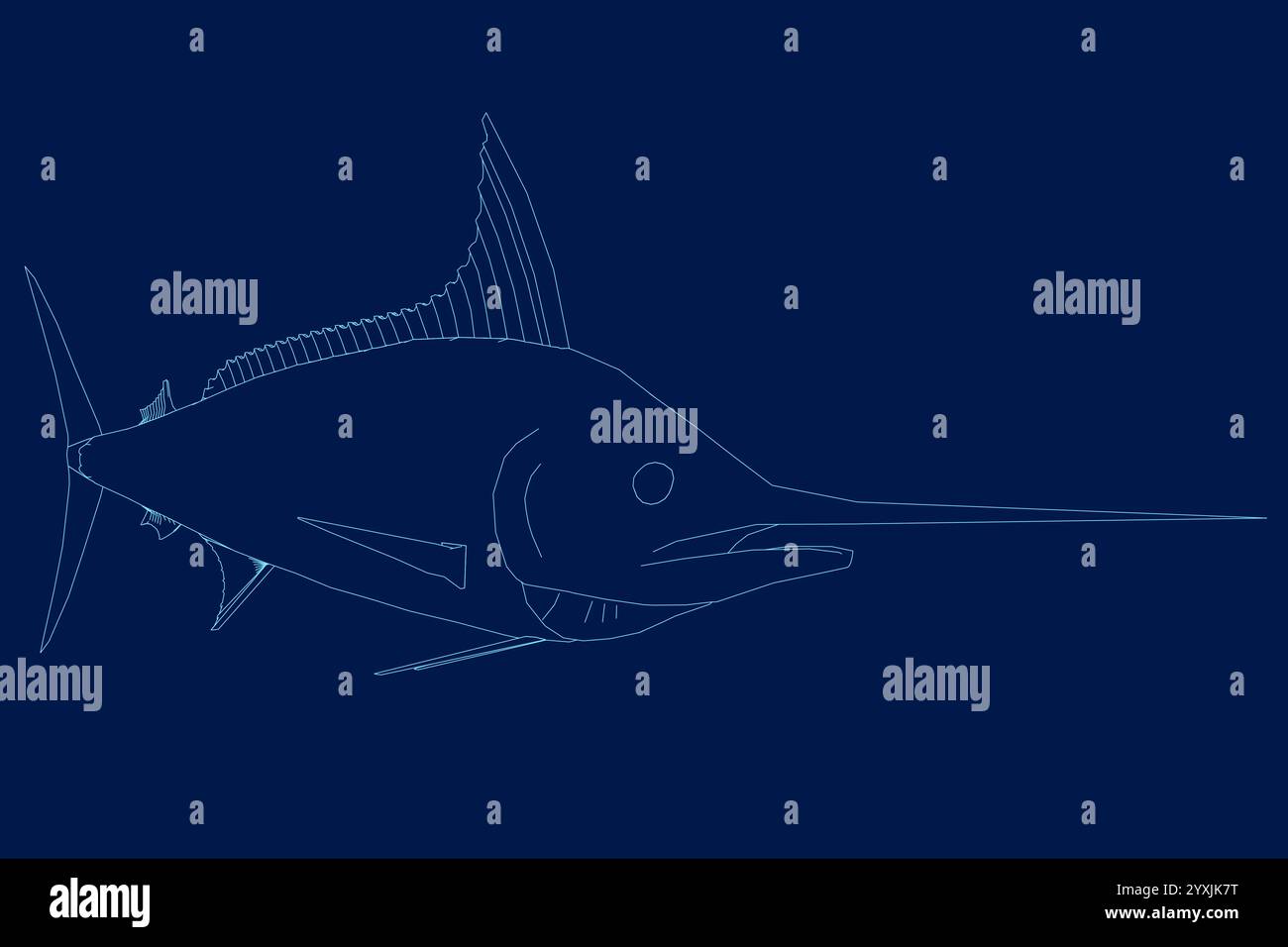 Outline marlin fish isolated on blue. Side view. Vector illustration ...