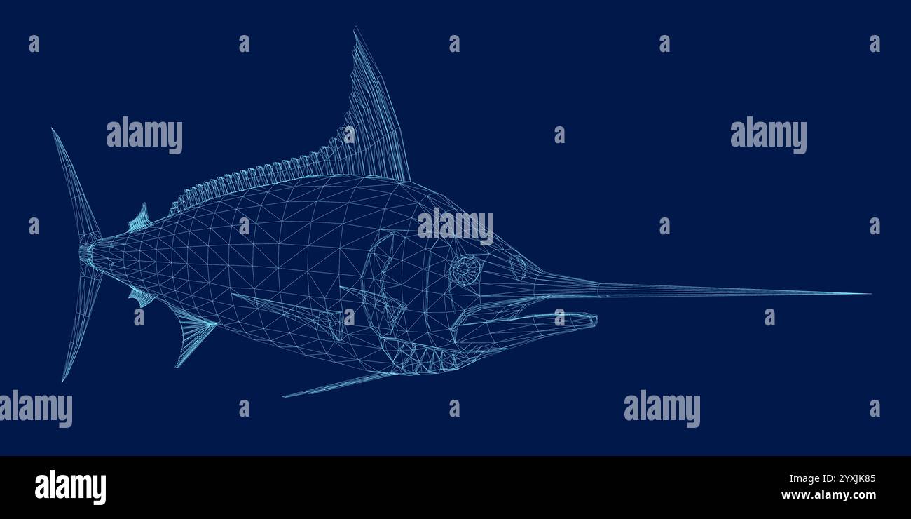 Wireframe marlin fish isolated on blue. Side view. Vector illustration ...