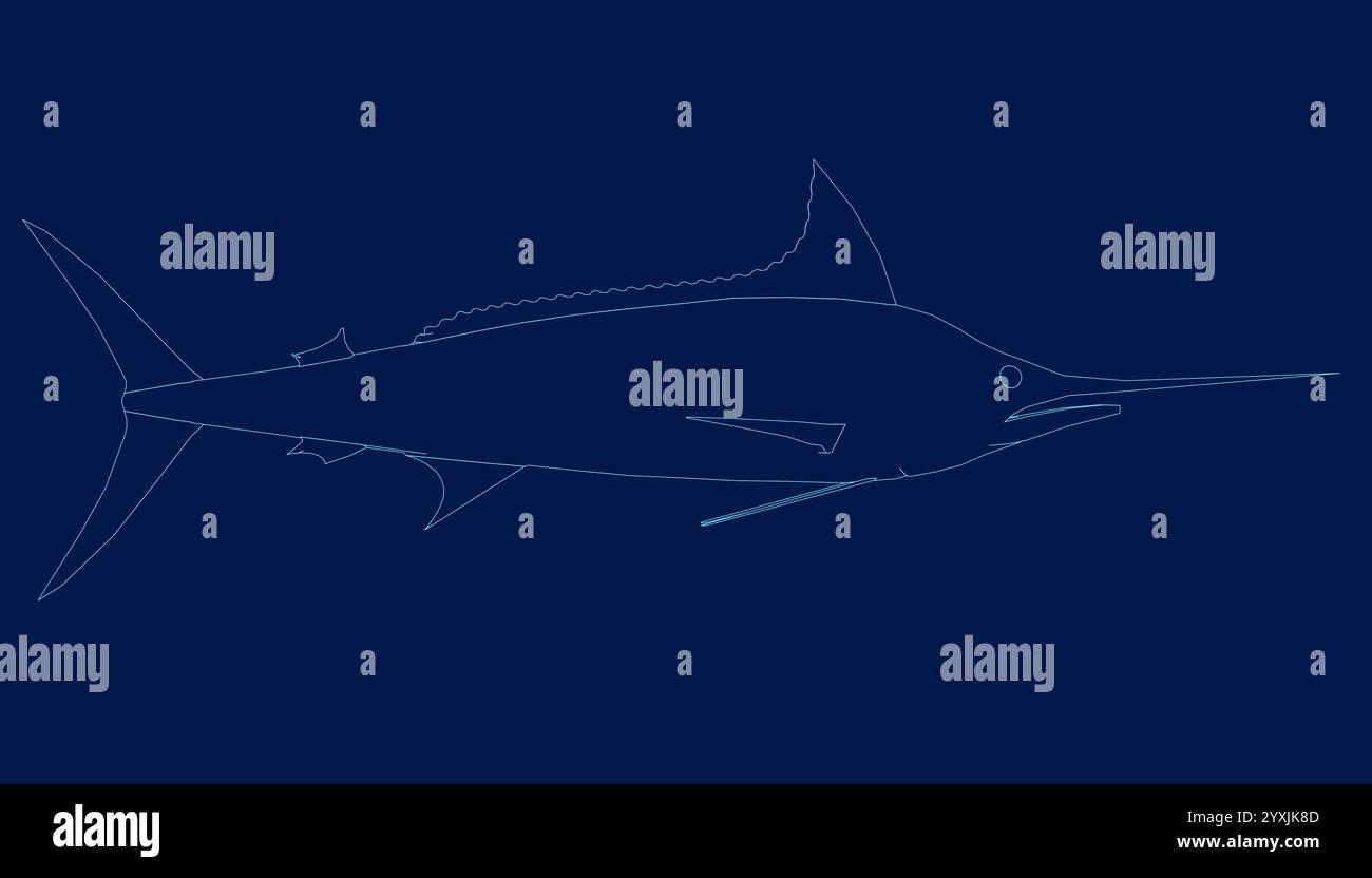 Outline marlin fish isolated on blue. Side view. Vector illustration ...