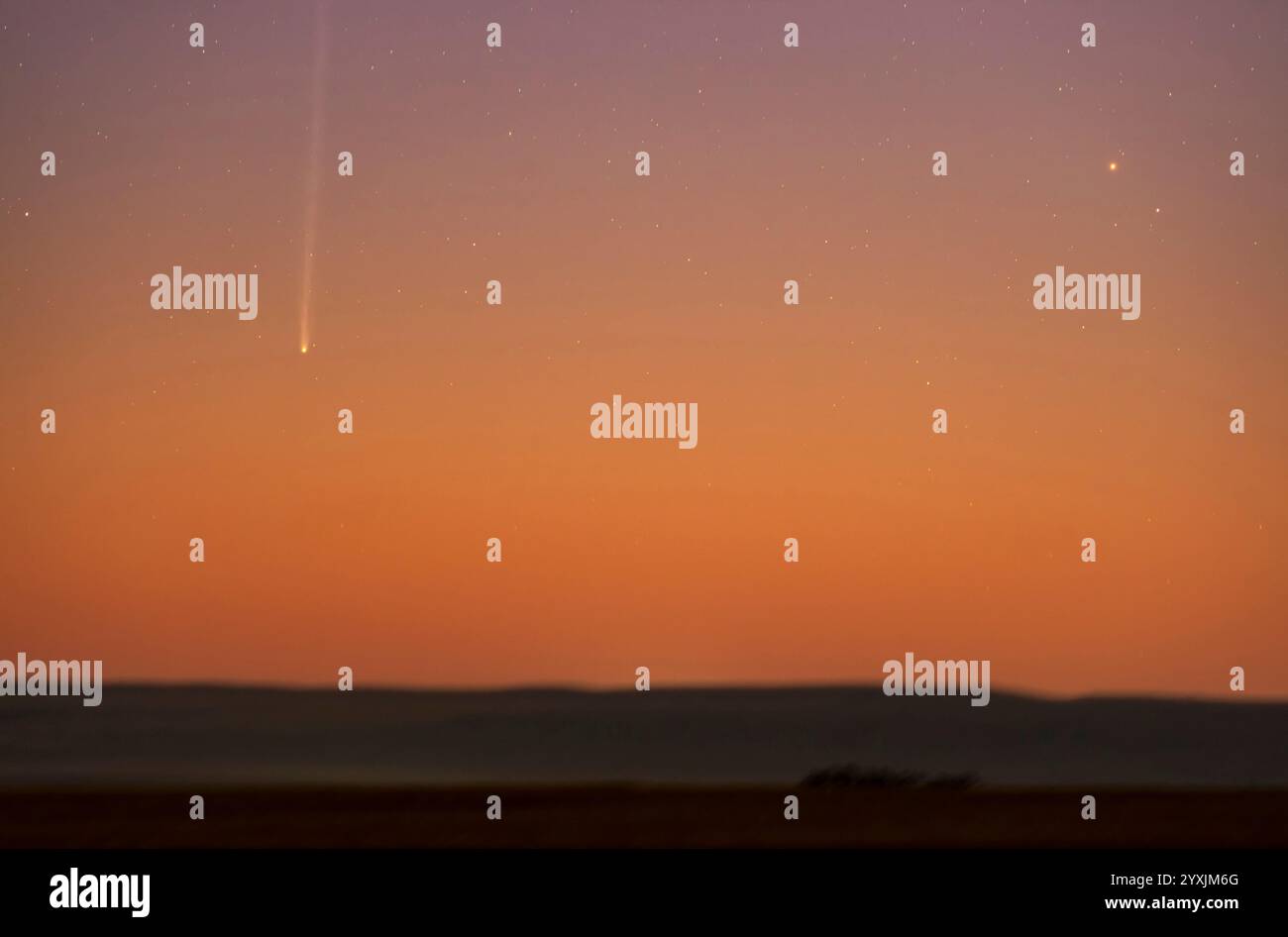 Comet Nishimura (C/2023 P1), at left, in the pre-dawn sky with morning ...