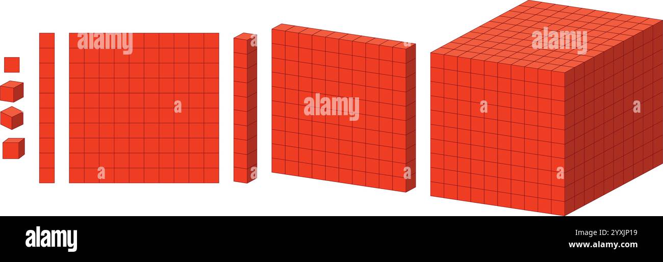 Red blocks illustrating mathematical concepts and dimensions Stock ...
