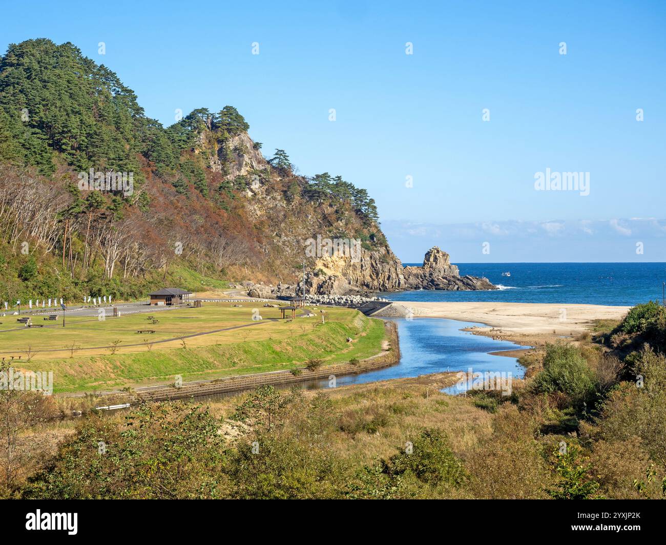 Mouth of the Fudai River below the floodgate that saved the town from ...