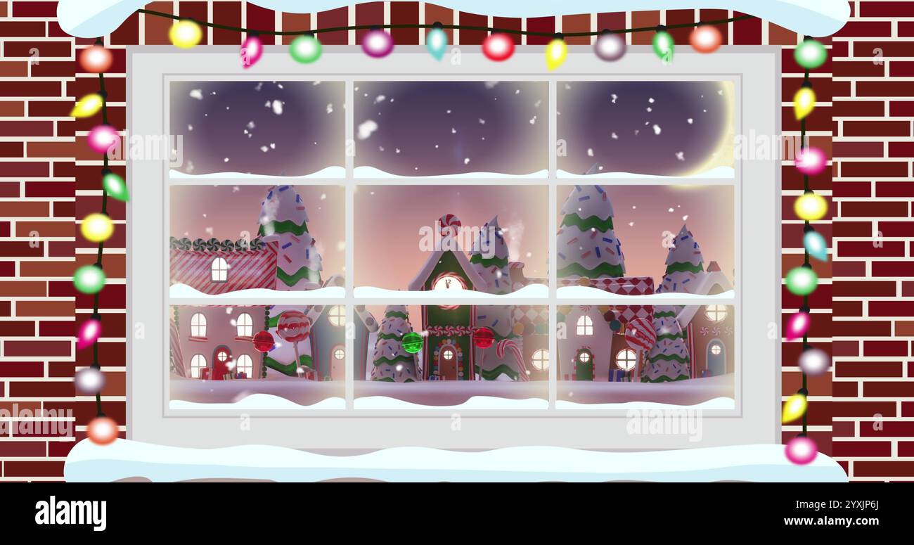 Fairy light over window frame against snow falling over multiple houses ...