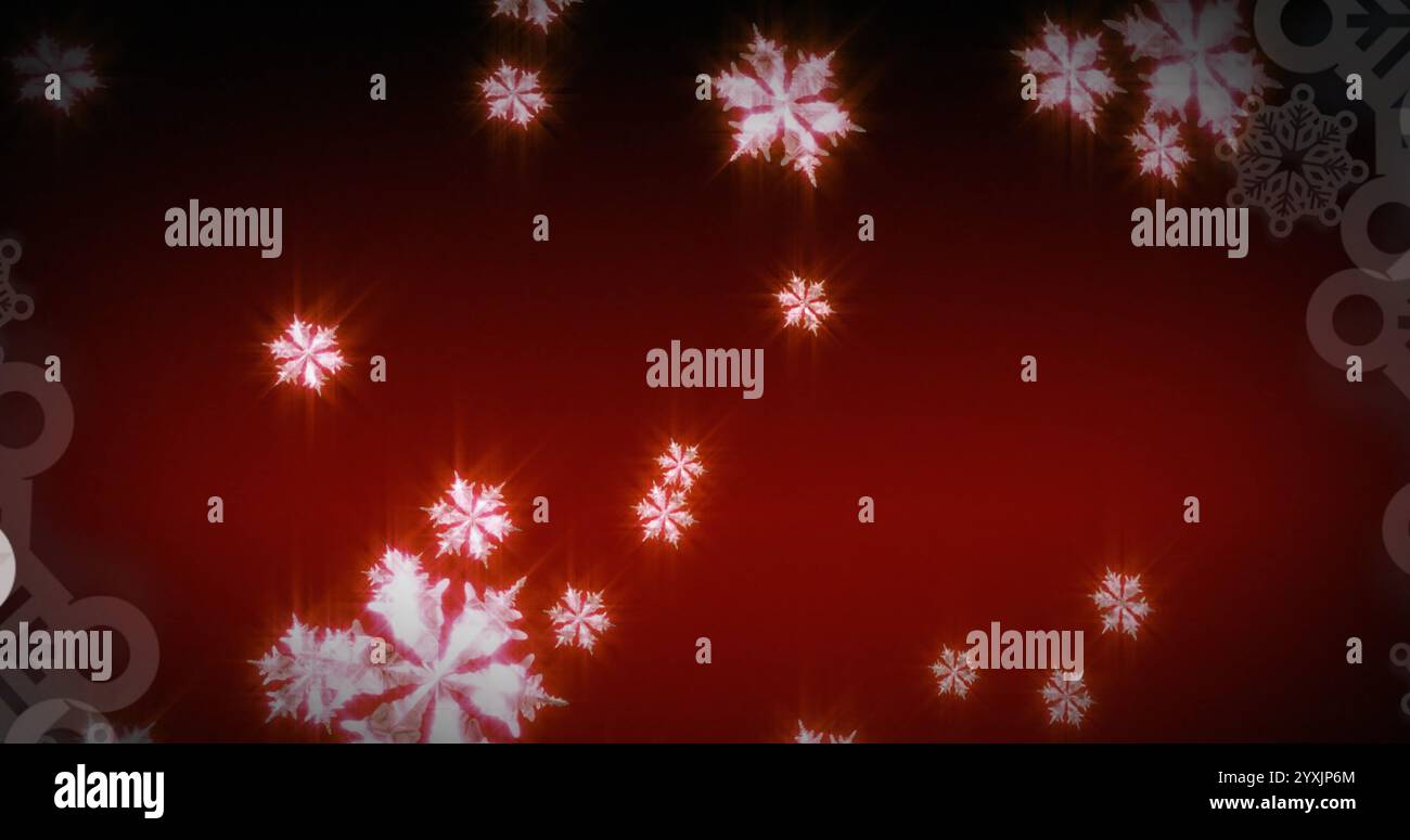 Image of glowing snowflakes falling against red background with copy space. Christmas festivity ...