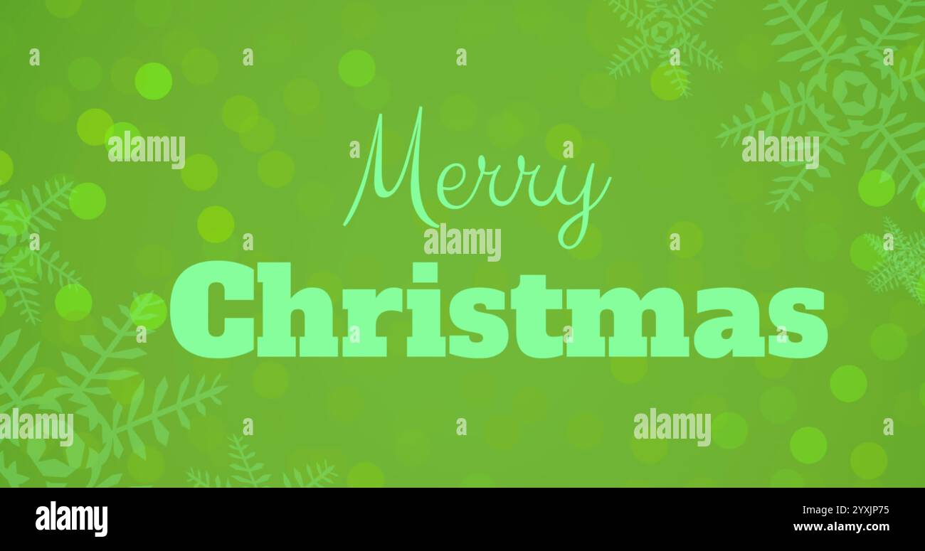 Image of merry christmas text banner over snowflake icons and spots of ...