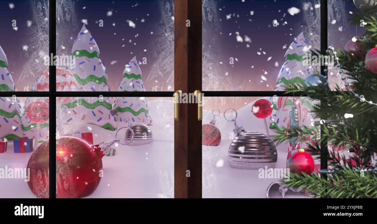 Image of snow falling over christmas tree and winter landscape seen ...
