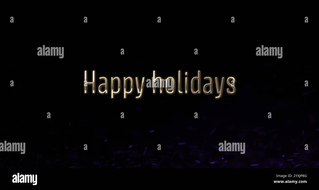 Image of happy holidays text and confetti ball moving in brisk wind ...