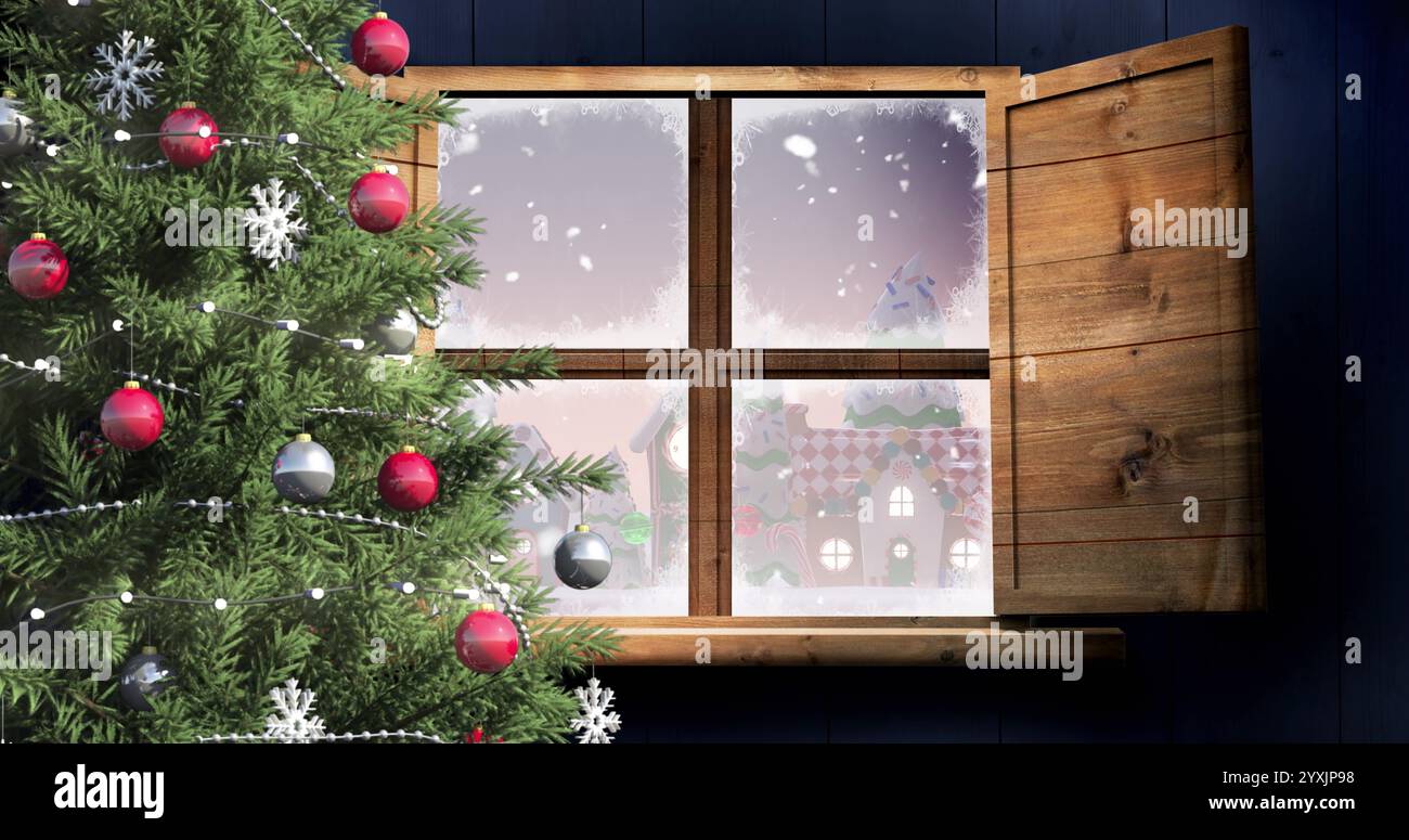 Christmas tree and wooden window frame against snow falling over ...