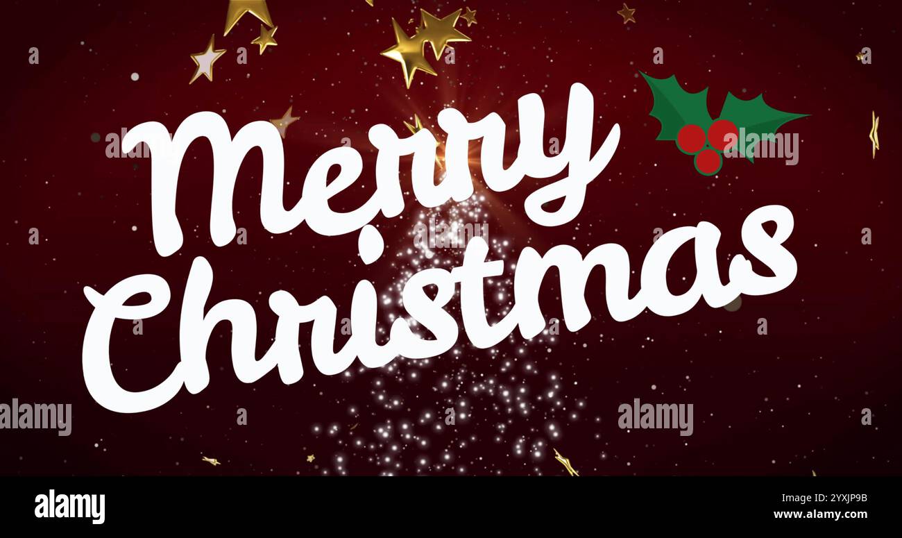 Image of merry christmas text over stars and lens flare tree over red ...