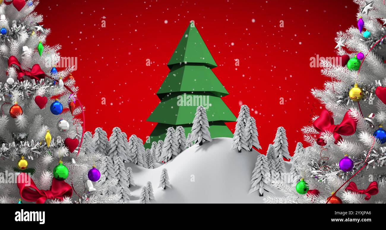 Image of snow falling over christmas tree and winter landscape ...